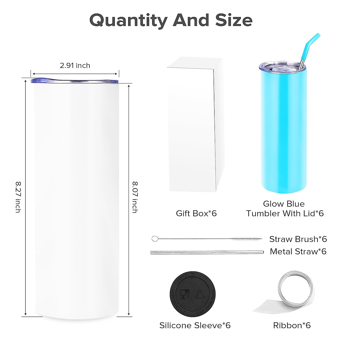 FASTSUB 6 Pack Sublimation Tumblers 20 oz Blank Bulk Luminous Cups Glow in the Dark Straight Stainless Steel Double Wall Vacuum Insulated with Lids and Straws for Tumbler Heat Press Glow Blue