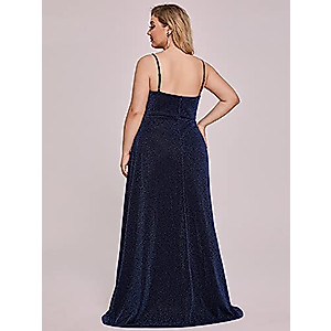 Ever-Pretty Women's Glitter Side Slit A-line Plus Size Evening Dresses for Party Navy Blue US16