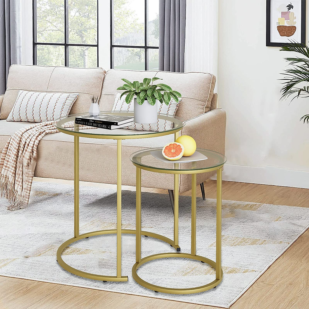 Azheruol Nesting Coffee Table Set of 2,Modern Gold Tempered Glass Side Table, Metal Frame Round End Table.Small Glass Tea Table for Living Room,Bedroom Studio Apartment Essentials，23.2in
