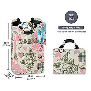 ALAZA Paris Eiffel Tower Rose Floral Heart Laundry Basket Hamper Large Storage Bin with Handles for Gift Baskets, Bedroom, Clothes