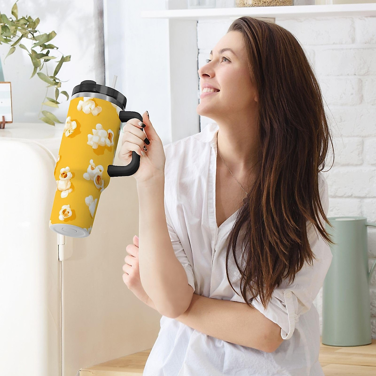 Selerdon 40 oz Tumbler Yellow Popcorn with Handle and Straw Lid Vacuum Stainless Steel Insulated Water Bottle Travel Mug Car Cup Holder Friendly BPA Free for Gym Travel Office