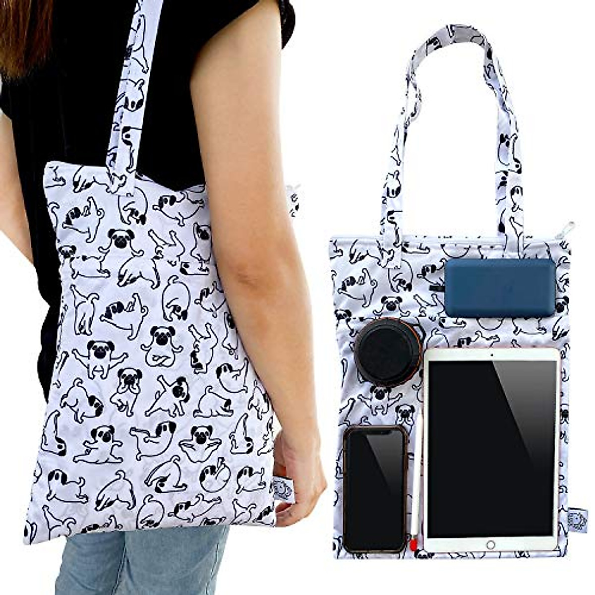 FLOCK THREE 3pcs Waterproof Wet Bag Tote Reusable Wet Clothes Baby Diapers Stroller Swimsuit Travel Reusable toiletries Pouch Small Larger Electronics case 3 Pack Dog (Yoga Dog)