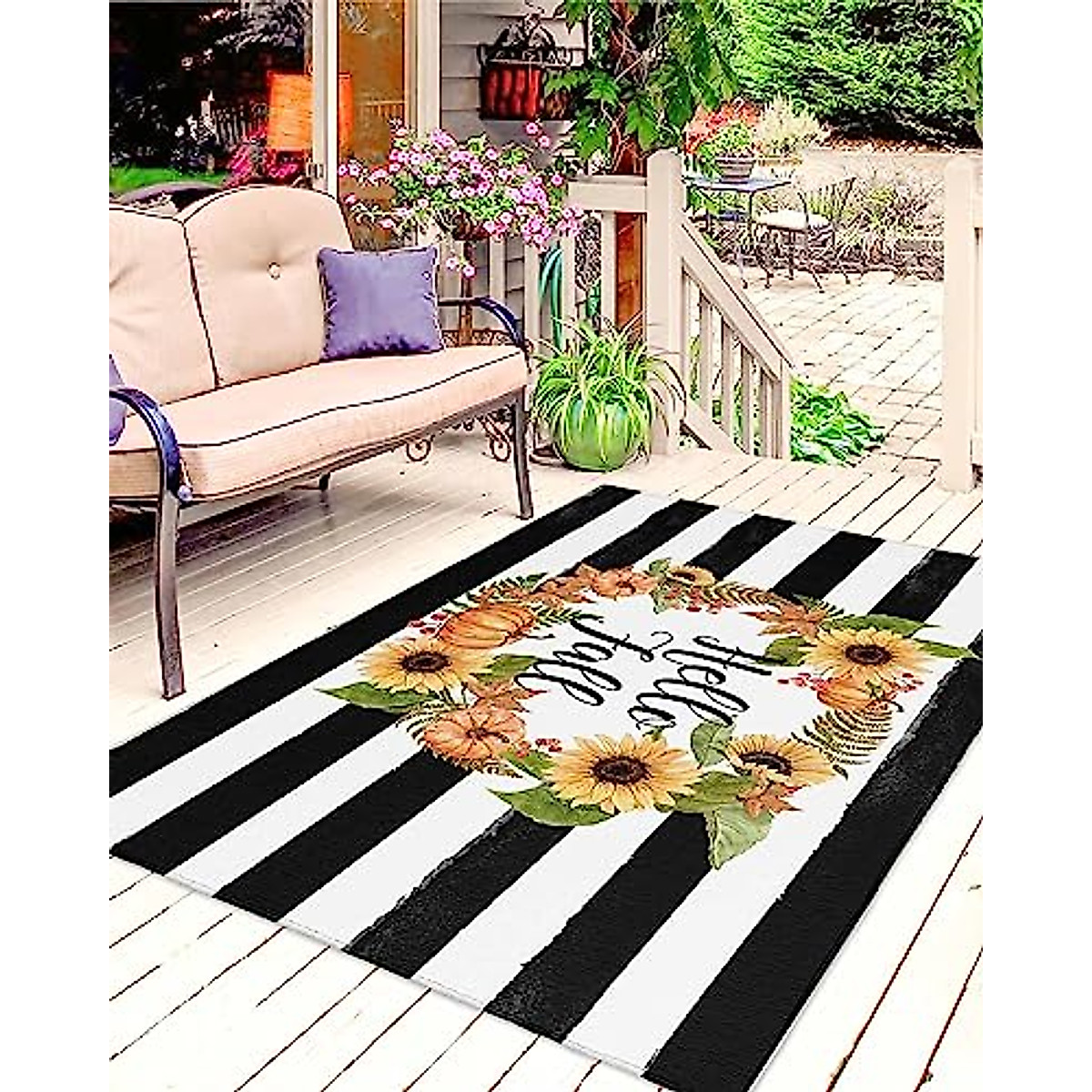 Outdoor Area Rug for Patio,Fall Thanksgiving Sunflower Pumpkin Camping Rugs Indoor Large Floor Mat 4x6ft,Leaf Berry Black White Stripe Outside Carpet for Deck RV Picnic Porch Backyard Bedroom