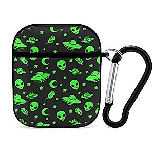 Airpod Case Soft Silicone Flexible Skin Alien Funny Spaceships Planet Green Black Case Cover for Apple AirPods 2&1 Fashion for Girls Boys with Keychain
