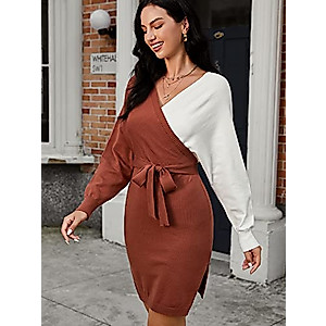 ZAFUL Women's V-Neck Colorblock Batwing Long Sleeve Backless Bodycon Cocktail Pullover Sweater Mini Dress with Belt