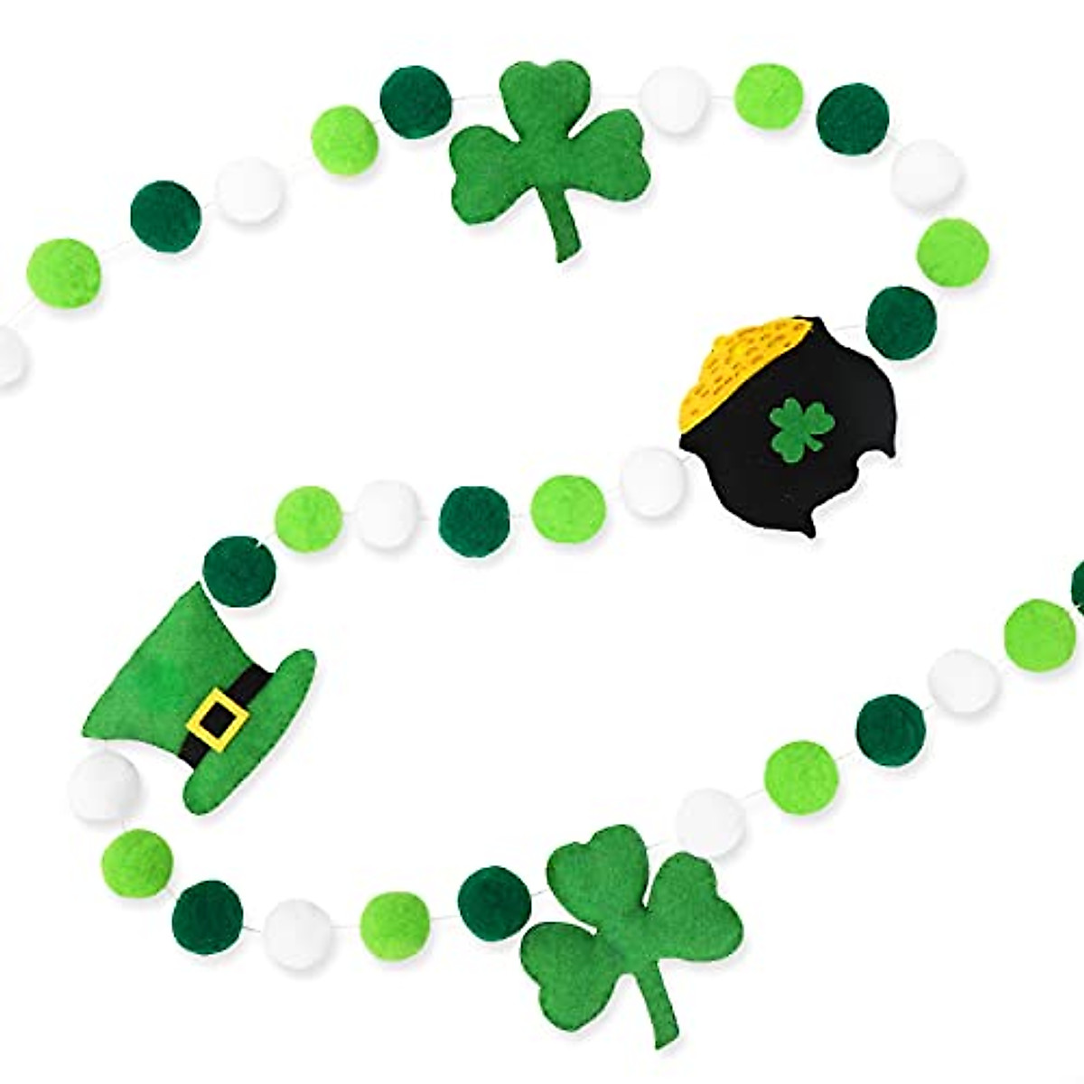 AnyDesign St. Patrick's Day Felt Pom Pom Banner Shamrock Hat Pot Felt Garland Green White Pom Ball Party Hanging Bunting Banner for Irish Holiday Home Mantel Wall Window Decor Party Supplies, 8.2Ft