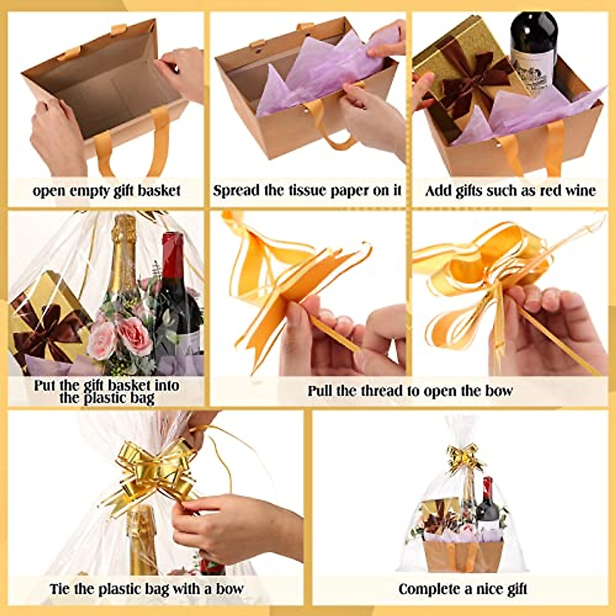 30 Pieces Baskets with Handle for Gifts Empty with Cellophane Basket Bags Tissue Paper Bows Ribbons Bulk Empty Gift Basket with Handles for Graduation Birthday Party Wedding Holiday