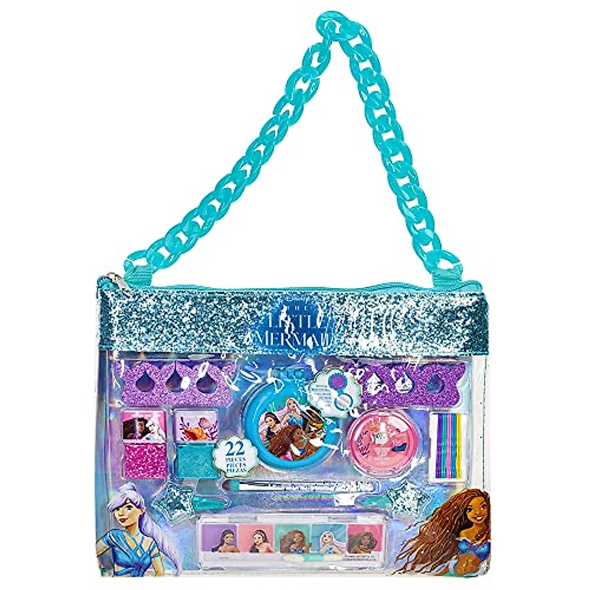 Townley Girl The Little Mermaid 11pc Makeup Filled Chain Bag with Peel-Off Nail Polish, Eyeshadow, Hair Accessories, Body Glitter & More| Makeup Kit for Kids & Girls| Ages 3+