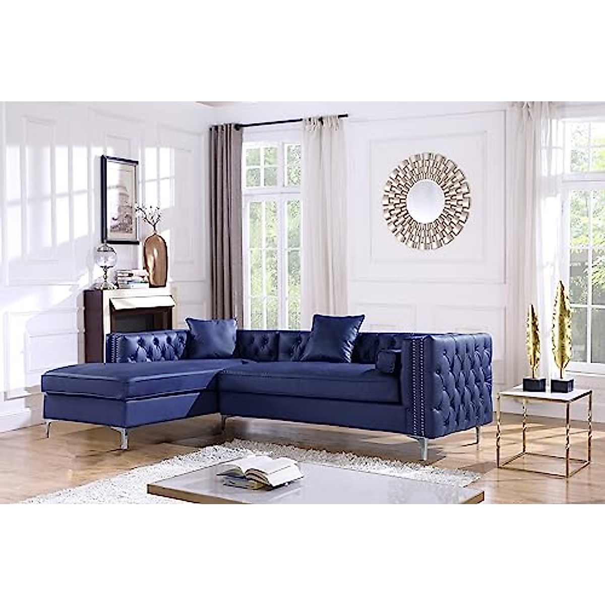 Iconic Home Da Vinci Right Hand Facing Sectional Sofa L Shape Chaise PU Leather Button Tufted with Silver Nailhead Trim Silvertone Metal Leg with 3 Accent Pillows, Modern Contemporary, Navy