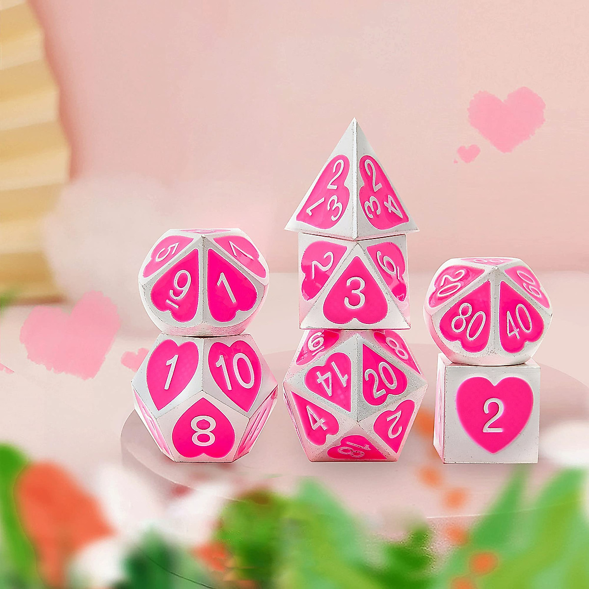 DND Metal dice Set, Heart-Shaped Pink Polyhedron 7-Piece Set, Suitable for Dungeon and Dragon RPG MTG or Board Game D &D Pathfinder, etc.