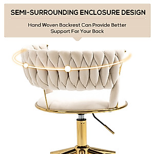 NIOIIKIT Velvet Office Desk Chair with Hand Woven Backrest, 360° Swivel & Height Adjustable Task Chairs, Makeup Chair, Living Room Chairs with Stainless Base and 5 Wheels (Ivory)