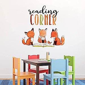 Mfault Foxes Reading Corner Baby Boys Girls Wall Decals Stickers, Removable Woodland Animals Read Books Nursery Playroom Decorations Bedroom Classroom Art, Bird Kids Library Toddler Room Decor