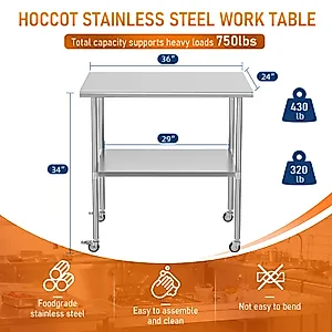 HOCCOT Stainless Steel Prep & Work Table with Adjustable Shelf, with Wheels, Kitchen Island, Commercial Workstations, Utility Table in Kitchen Garage Laundry Room Outdoor BBQ, 24" X 36"