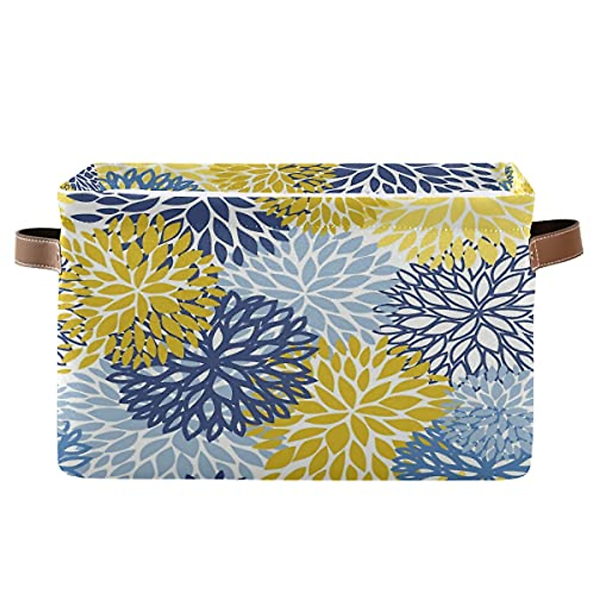 Blue Floral Navy Chrysanthemums Storage Basket Bin Blue Yellow Flower Large Fabric Toys Storage Cube Box with Handles Collapsible Closet Shelf Cloth Organizer Basket Set of 2 for Nursery Bedroom