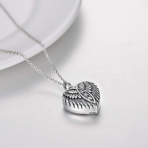 LONAGO Angel Wing Heart Urn Necklace for Ashes Silver Heart Wing Urn Necklace Keepsake Cremation Jewelry for Women