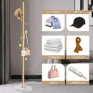 LOZABEE Modern Metal Coat Rack Stand with Natural Marble Base, Heavy Duty Coat Rack Freestanding with 8 Hooks, Golden Standing Coat Racks Hall Tree Stand for Bag, Jacket, Entryway Office