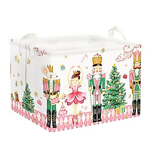 Clastyle Large Pink Nutcracker Decor Basket Diamond Plaid Christmas Tree Gift Basket Soldier Mouse Ballet Girl Clothes Storage Cube Collapsible Rectangle Toy Book Shelf Basket