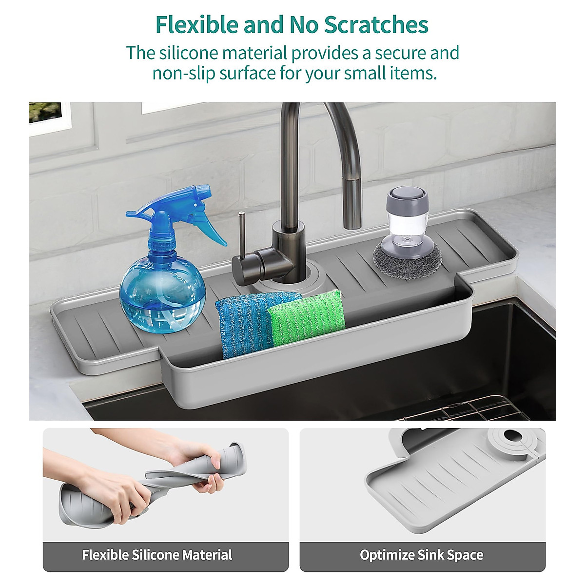 Silicone Faucet Splash Guard Kitchen Sink Splash Guard Upgraded Faucet Water Catcher Tray - 15.75” x 5.5''x2” - Sink Sponge Holder for Kitchen, Bathroom(Grey)