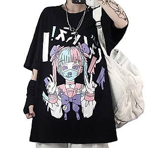 Women Summer Gothic T-Shirt Anime Aesthetic Print Harajuku Fashion Casual Tops (Black3, XL)
