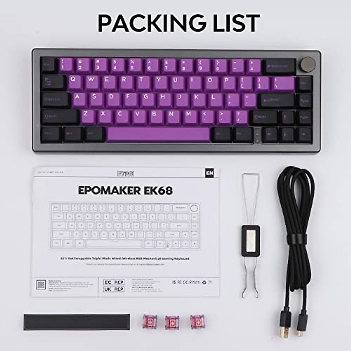EPOMAKER EK68 65% Wireless Gaming Keyboard, Hot Swappable Gasket Mechanical Keyboard with Metal Knob, Bluetooth 5.0/2.4Ghz Wireless/USB-C Wired Custom Keyboard (Black Purple, Budgerigar Switch)