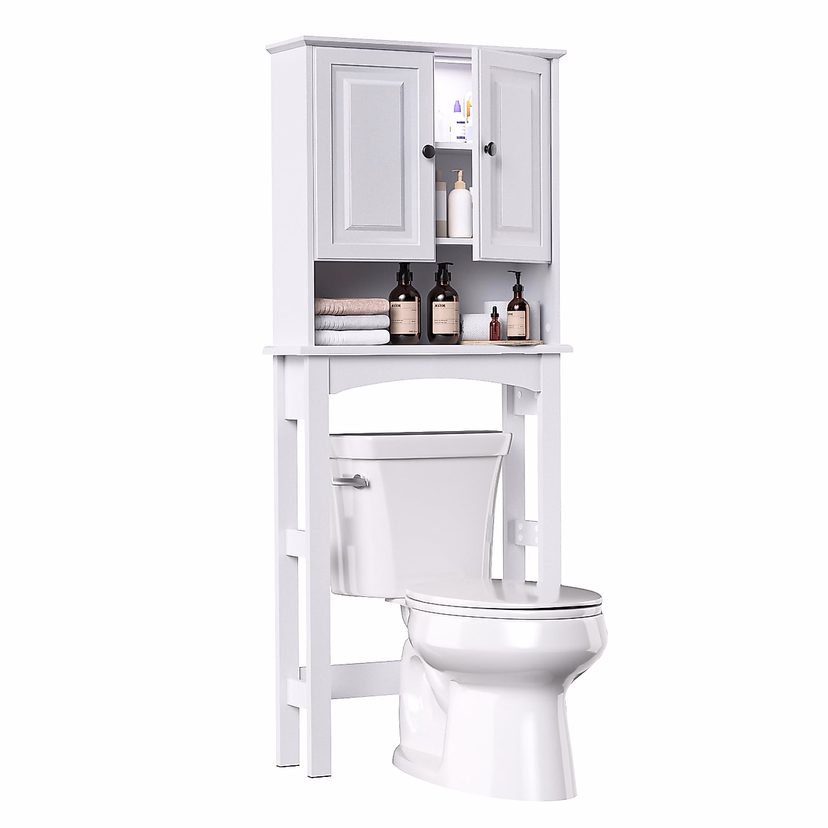 HAIOOU Over The Toilet Storage Cabinet with Motion Sensor LED Light, Double Door Bathroom Essentials Storage Organizer Space-Saving Toilet Rack with Buffering Hinges, Adjustable Shelf - Modern White