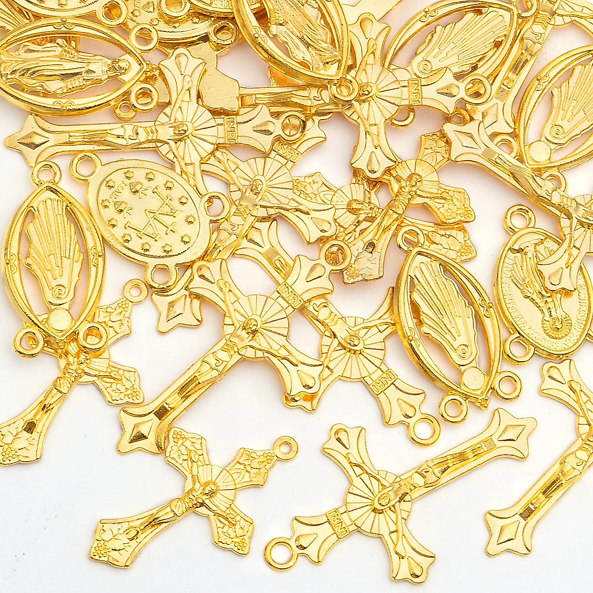 Aylifu 40pcs Golden Rosary Cross Charms and Center Miraculous Medal with Maria Crucifix Cross Pendants and Oval Chandelier Links for Easter Holidays Rosary Jewelry Making, 4 Styles