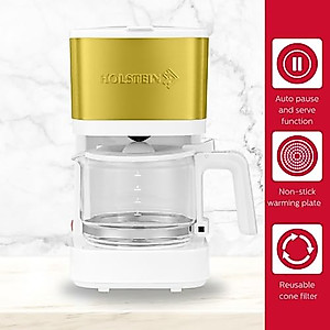 Holstein Housewares 5-Cup Coffee Maker - Pause N Serve, One-Touch Operation, Non-Stick Warming Plate, Water Level Indicator - Reusable Filter - Compact Design - White and Gold Color