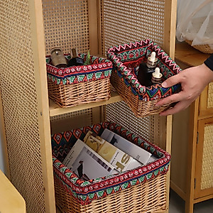 JLKIMZVO Rectangular Storage Basket Hand woven Wicker Nested Baskets Combination Shelf Storage Basket Detachable Lining Suitable for Wardrobes, Bedrooms, Bathrooms, Hallways,Offices