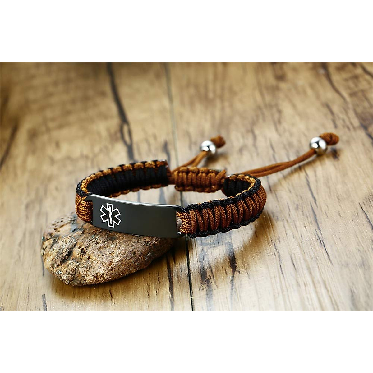 VNOX 3 Color/Set-Customize Medical Alert ID Bracelet Braided Brown Rope Paracord Adjustable Wristband