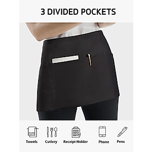 Syntus 2 Pack Server Apron with 3 Pockets, Waterdrop Resistant Waitress Waiter Waist Apron, 11.5-inch Black