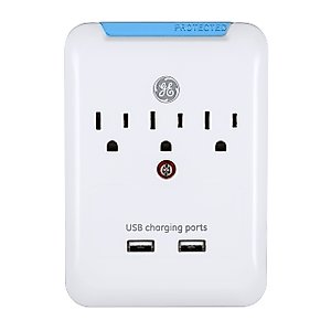 GE Pro 3-Outlet Extender with 2 USB Ports, Surge Protector, Charging Station Wall Tap, Protected Indicator LED, 3-Prong, 540 Joule, 2.4 AMP/10 Watt, UL Listed, White, 33646