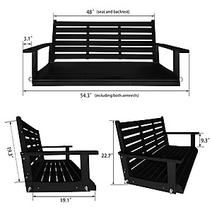 Wooden Porch Swing, Ergonomic Seat, Bench Swing with Hanging Chains and 7mm Springs, Heavy Duty 880 LBS, for Outdoor Patio Garden Yard (Black, 2-Seater Extra Large)