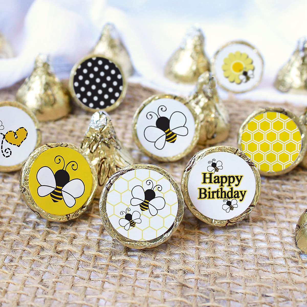 Bumble Bee Birthday Party Favor Chocolate Kisses Candy Stickers, Bee Party Favors - 180 Labels