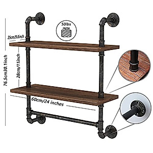 MCleanPin Industrial Pipe Shelves Wall Mount Bathroom Shelf with Towel bar Floating Shelf 2-Tiers 24 in, DIY Open Bookshelves,Metal Towel Rack Bookcase, Real Wood Storage Shelving