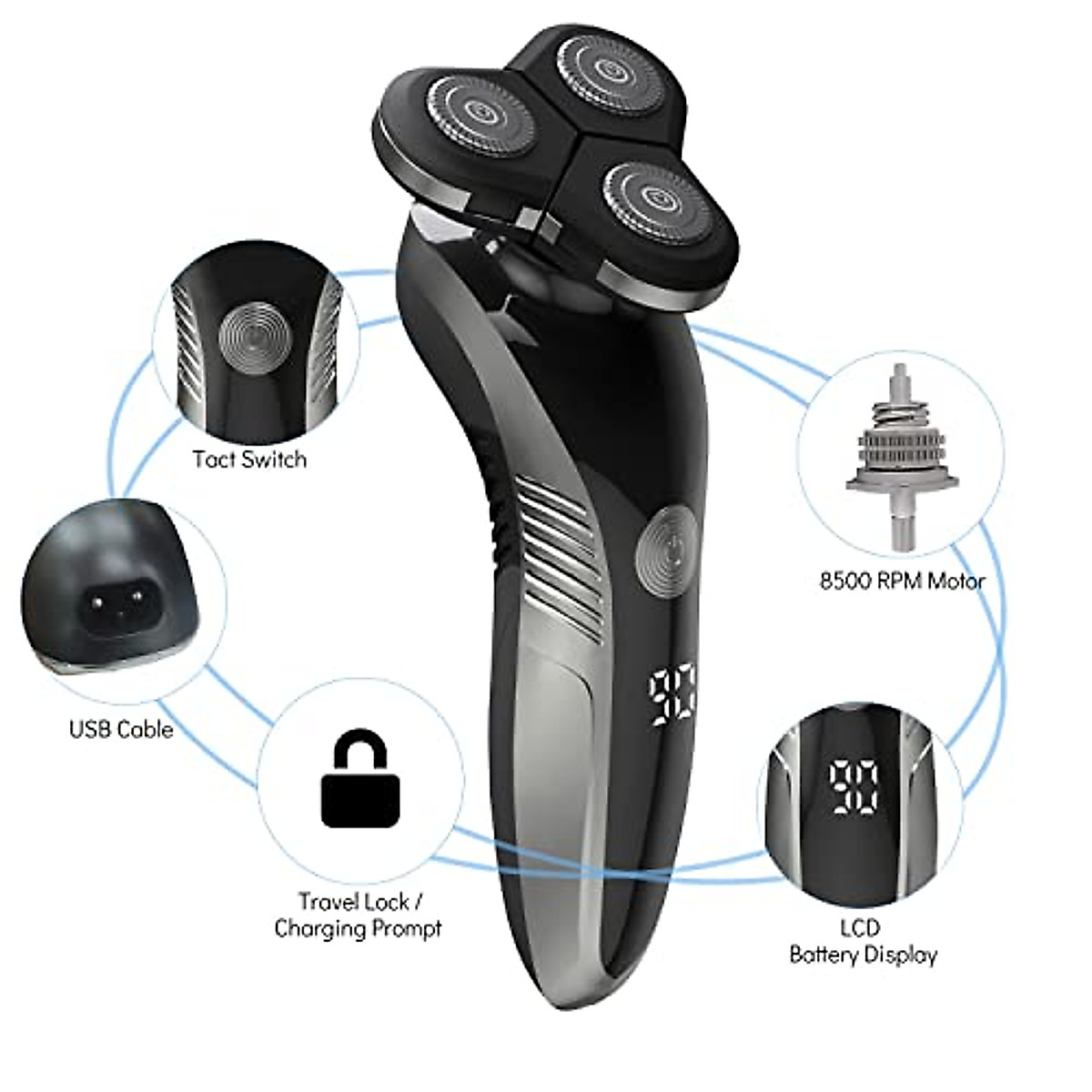 Electric Razor for Men, Mens Rotary Shavers, 4D Rechargeable Electric Shavers for Men, Wet & Dry Use, LCD Display, Child Lock, USB Ceramic Cordless Rechargeable Cordless Men's Rotary Shavers