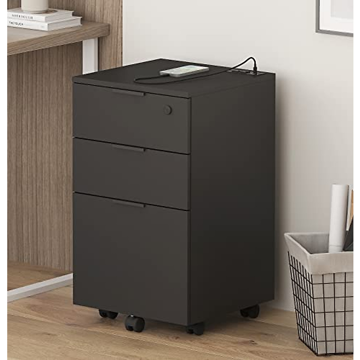 GOSROMS 3 Drawer File Cabinet with Lock & Charging Station, Wooden Move File Cabinet with Wheels, for Home Office, A4/Letter Size Files Under Desk - Black