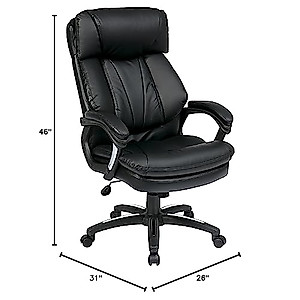 Office Star FL Series Oversized Faux Leather Executive Office Chair with Padded Loop Arms, Adjustable Height, Built-in Lumbar Support, and Tilt Control, Black