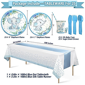 277 Pcs Baby Shower Decorations For Boy, Elephant Boy Baby Shower Decorations Kits - Disposable Dinnerware Set With Blue Elephant (25 Guest), "BABY BOY" Banner, Balloon, Sash, Cake Topper (BLUE)