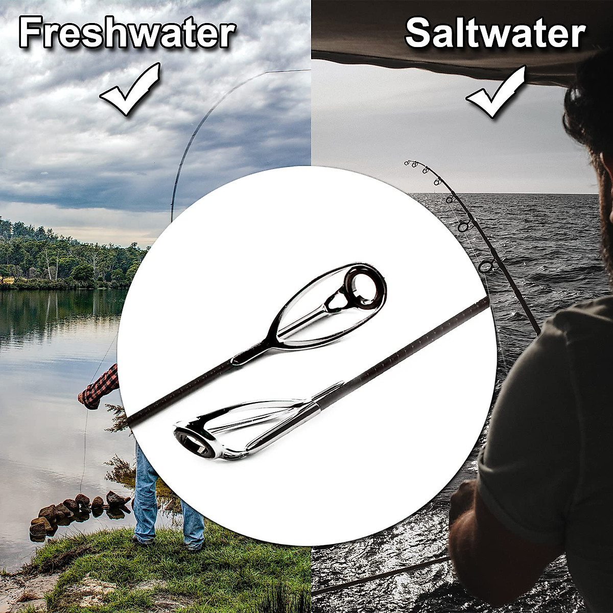 9KM DWLIFE Fishing Rod Tip Guide Repair Kit Pole Replacement Stainless Steel Ceramic Ring Saltwater Freshwater Mixed Size in a Box(40pcs)