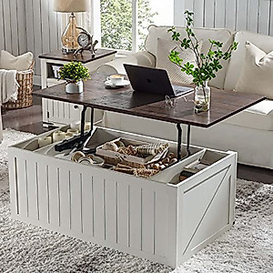 SinCiDo 48” Lift Top Coffee Table, Coffee Table with Storage & Sliding Groove Barn Door, Farmhouse Coffee Table Rustic Wood Cocktail Table w/Double Storage Spaces for Living Room, White