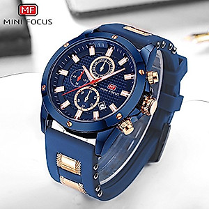 Mini Focus Mens Watch Casual Sports Watches (Chronograph/Waterproof/Luminous/Calendar) Silicon Band Fashion Quartz Watch for Men (Blue)