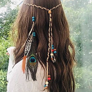Campsis Indian Peacock Feather Headbands Boho Princess Head Chain Bule Adjust Headdress Handmade Rope Hair Accessories for Women and Girls (G)