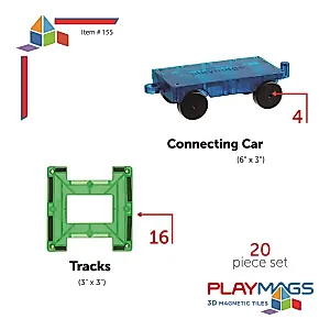 Playmags Magnetic Tiles Train Set, 20 Piece Accessory Set Includes 4 Trains, Stronger Magnets, Building Blocks Add-On, STEM Toys for Kids.