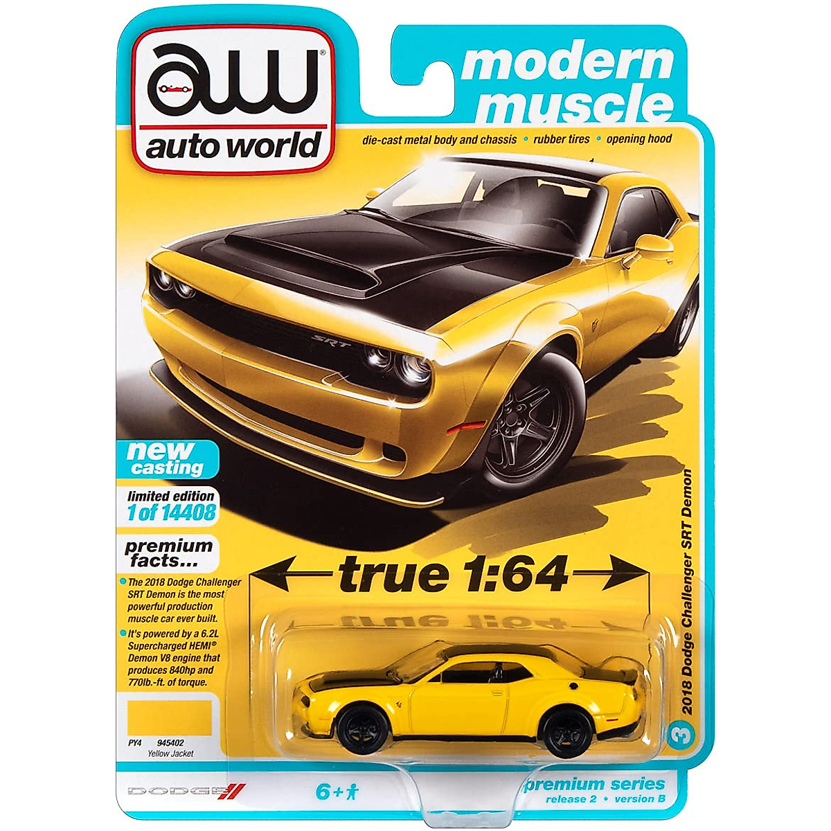 Auto World Diecast, 2018 Dodge Challenger SRT Demon Yellow Jacket & Black Limited Edition to 14408 Pieces Worldwide 164 Diecast Model Car by Autoworld 64312AWSP068 B