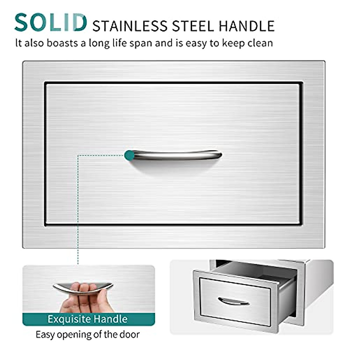 Outdoor Kitchen Drawer 14W x8.5H x22.8D inch 304 Stainless Steel Single Layer BBQ Drawer with Stainless Steel Handle,Very Suitable for Outdoor Kitchen or Barbecue Island(14W x 8.5H x 22.8D Inch)