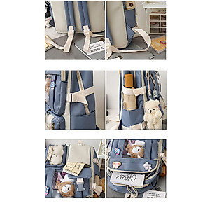 AONUOWE 5 pcs Cute Aesthetic Backpack Set for School Teens, 3 Plushies & 5 Pins & Cards Kawaii Backpack with Accessories (Blue)