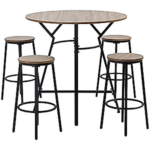HOMCOM Industrial 5-Piece Bar Table and Chairs Set, Space Saving Dining Table with 4 Stools for Pub and Kitchen, Black & Brown
