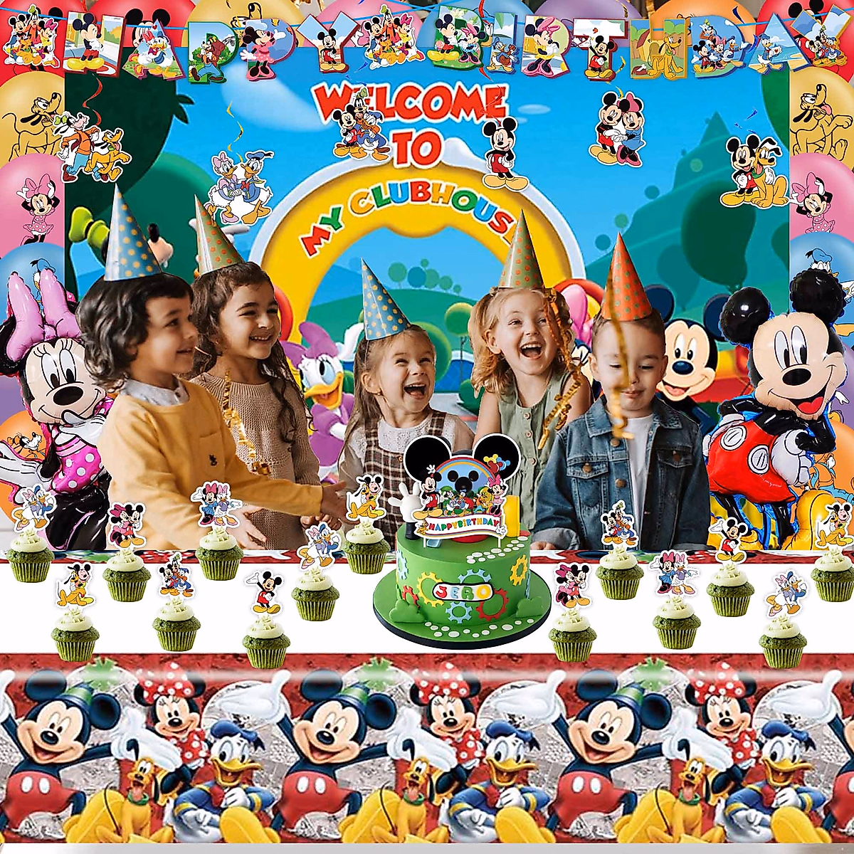 Mouse Birthday Party Decorations, Mouse Birthday Party Supplies Include Banner, Hanging Swirls, Latex Balloons, Foil Balloons, Backdrop, Tablecloth, Mouse Party Favors Party Gifts