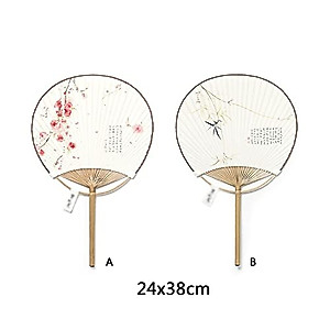 PHONME Handmade Art Round Fan New Chinese Flower Fan Summer Bamboo Fan Paper Round Fan Art Gift Vintage Style