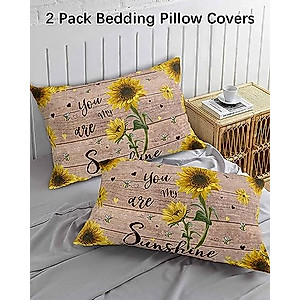 Edwiinsa Summer Sunflower Pillow Covers Standard Size Set of 2 20x26 Bed Pillow, Yellwo Spring Floral Bee Rustic Wood Plush Soft Comfort for Hair/Skin Cooling Pillowcases with Envelop Closure